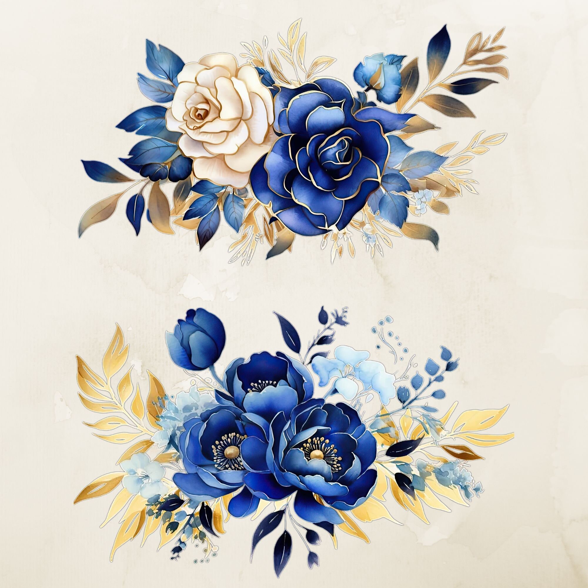 Royal Blue and Gold Floral Clipart, Gold and Blue Flower Clipart, Blue ...
