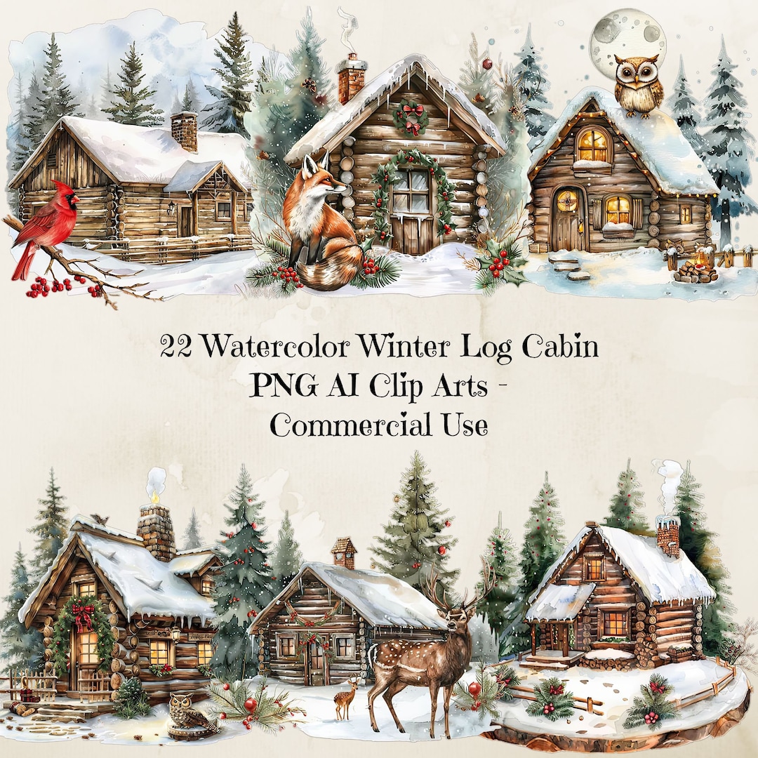 Winter Log Cabin Clipart, Christmas Cabin Clipart, Snowy Log Cabin ...