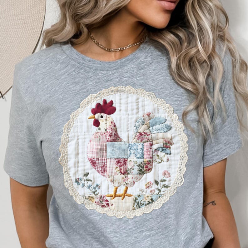 Vintage Rooster Quilt PNG, Floral Hen Patchwork Design (digital ...