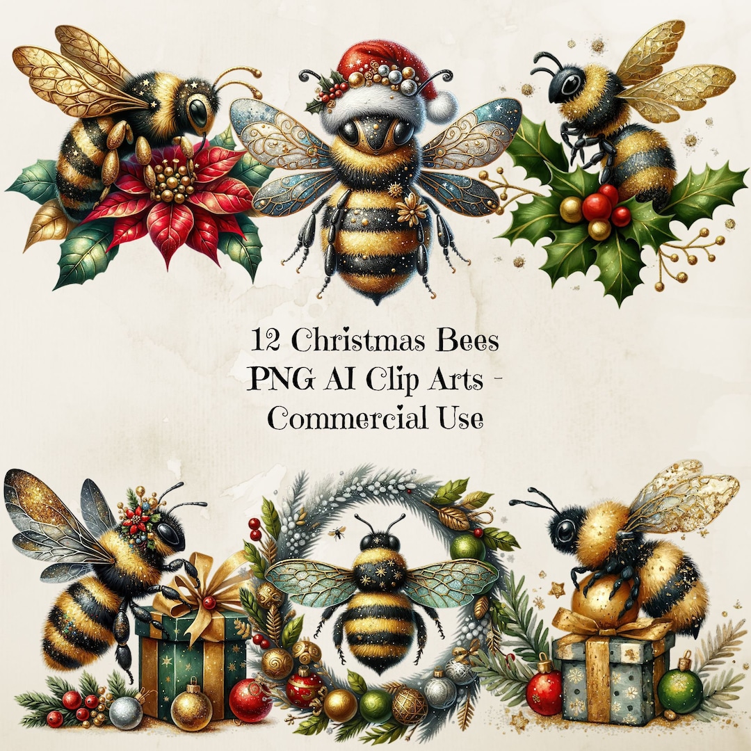 Christmas Bee Clipart, Cute Bee Png Clipart, Digital Bee Clipart, Card ...