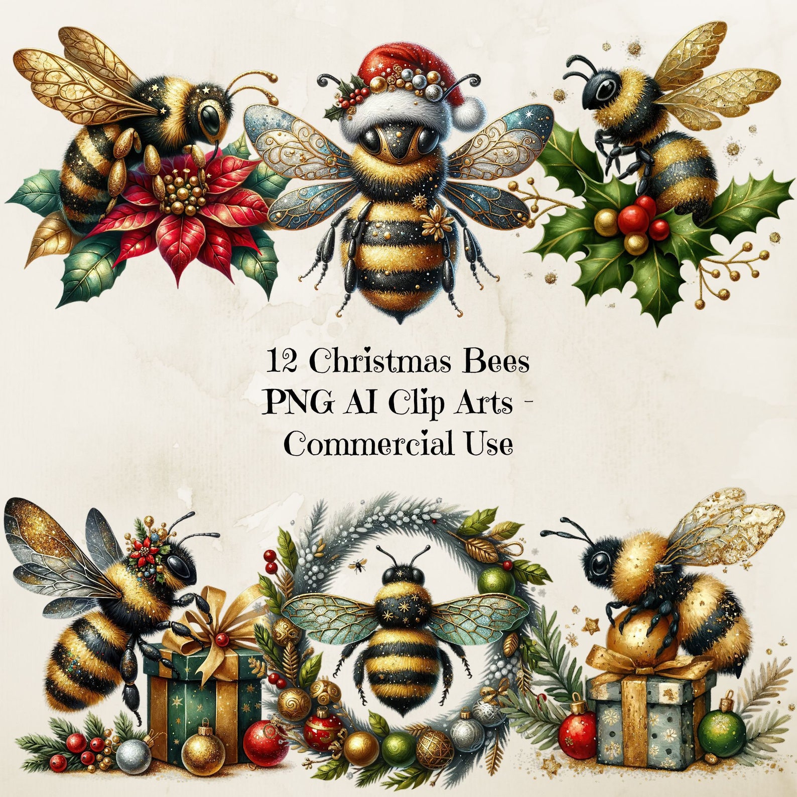 Christmas Bee Clipart, Cute Bee Png Clipart, Digital Bee Clipart, Card ...