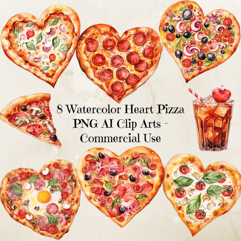 Watercolor Heart Pizza Clipart, Valentine PNG Files (digital Download ...