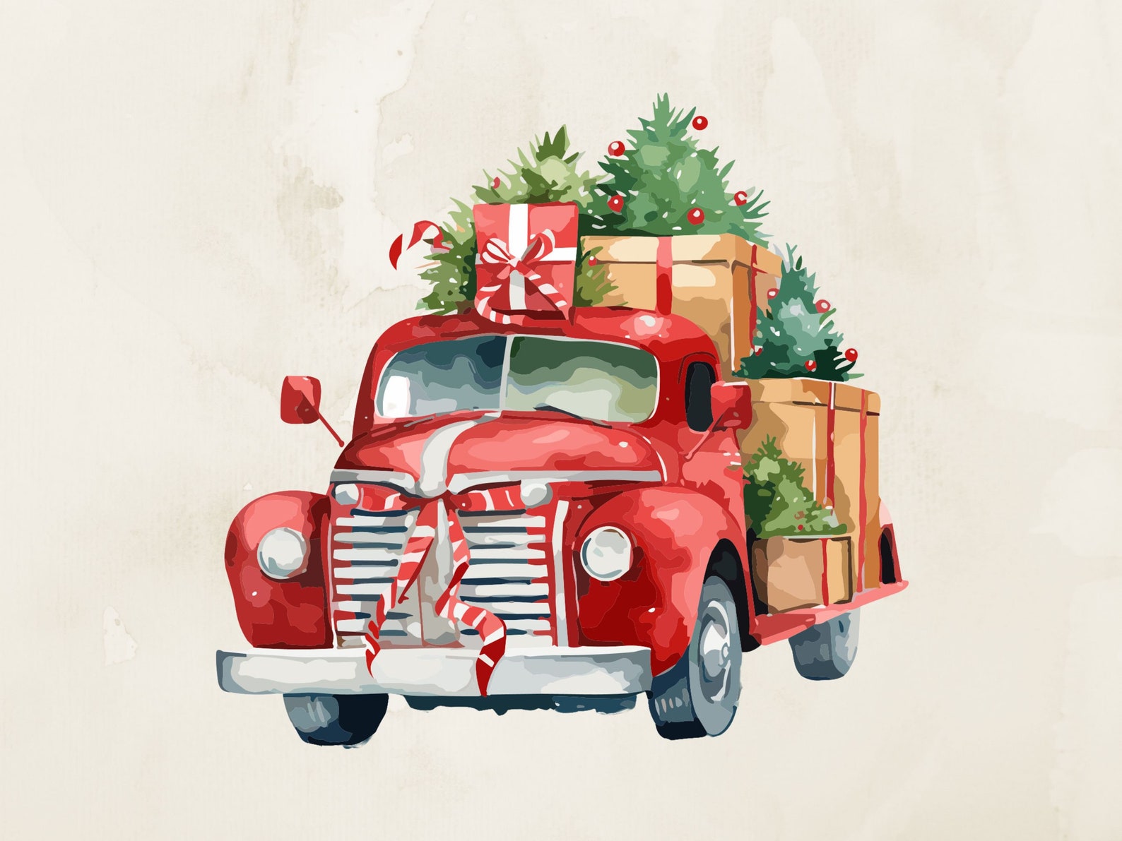 Watercolor Vintage Christmas Truck Clipart, Holiday PNG for Commercial ...