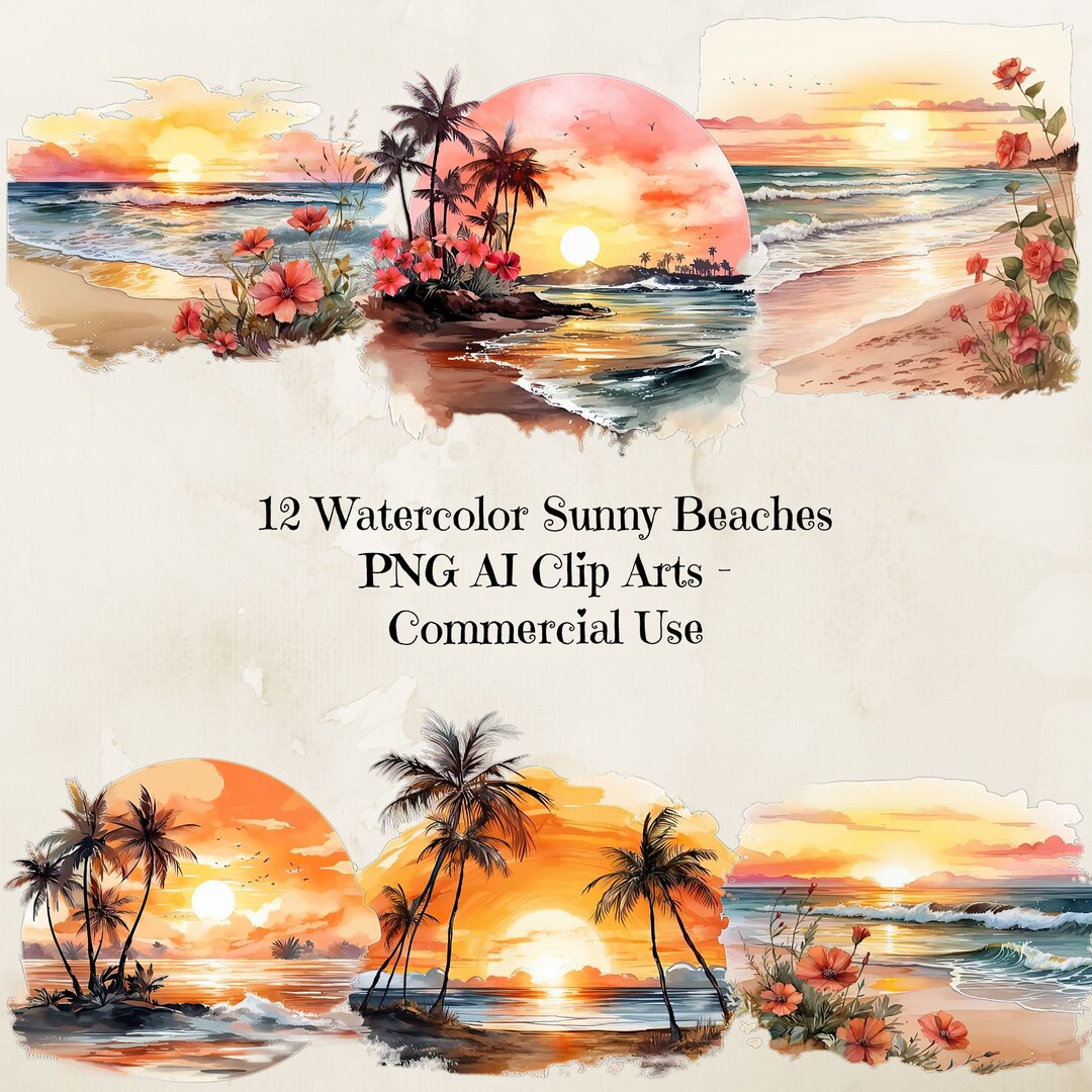Sunny Beach Clipart, Watercolor Sunny Beach Png Graphics, Sunny Beach ...