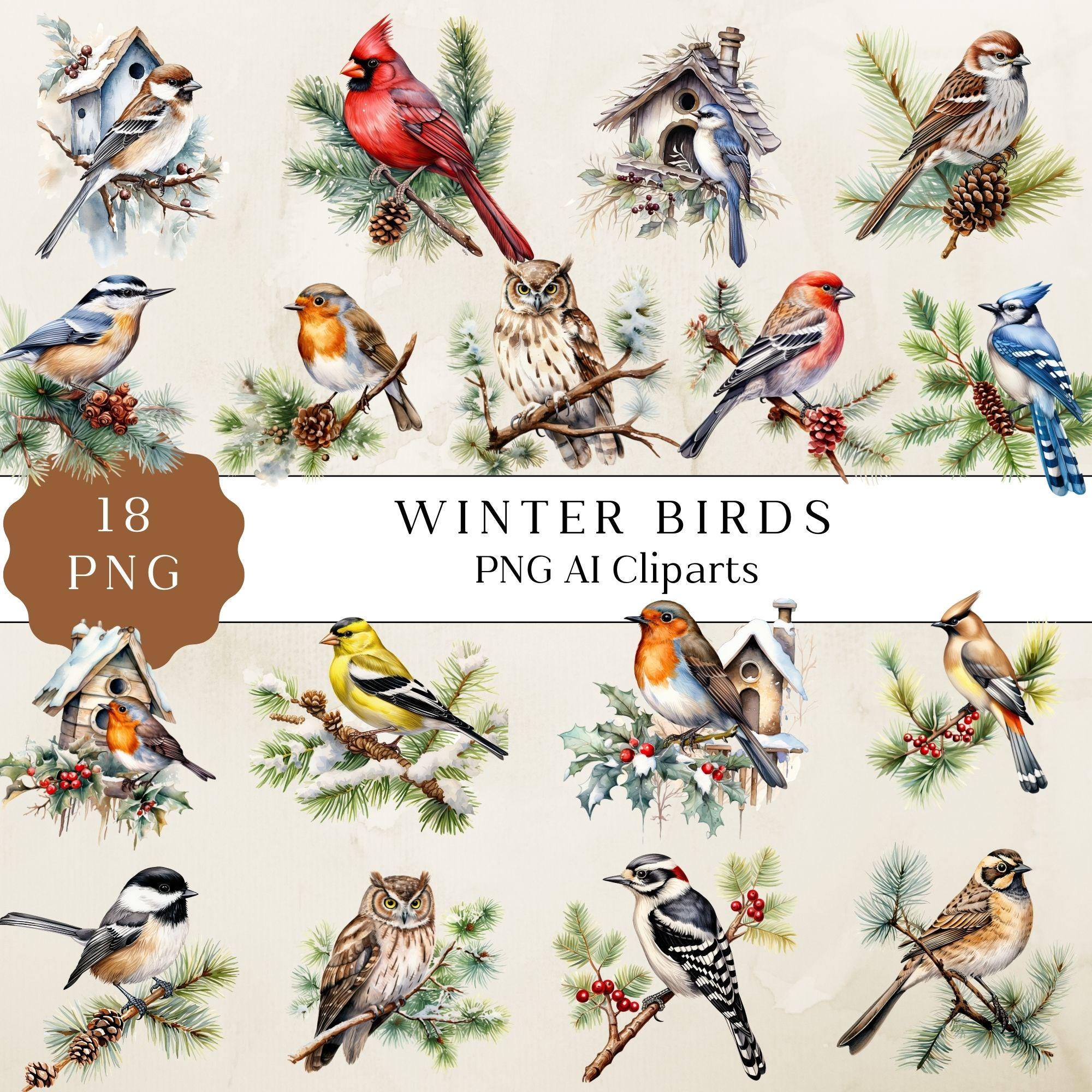 Winter Birds Watercolor Clipart, Winter Birds, Cardinal Bird ...
