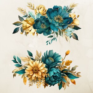 Teal and Gold Floral Clipart, Gold Teal Floral, Teal Gold Roses, Gold ...
