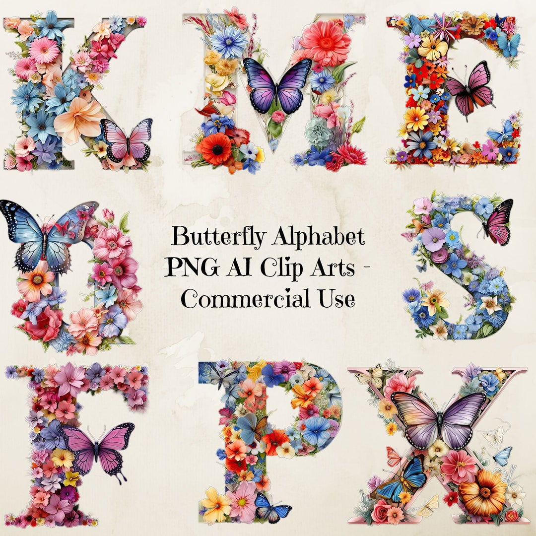 Butterfly Alphabet Cliparts, Botanical Alphabet, Floral Letters Clipart ...