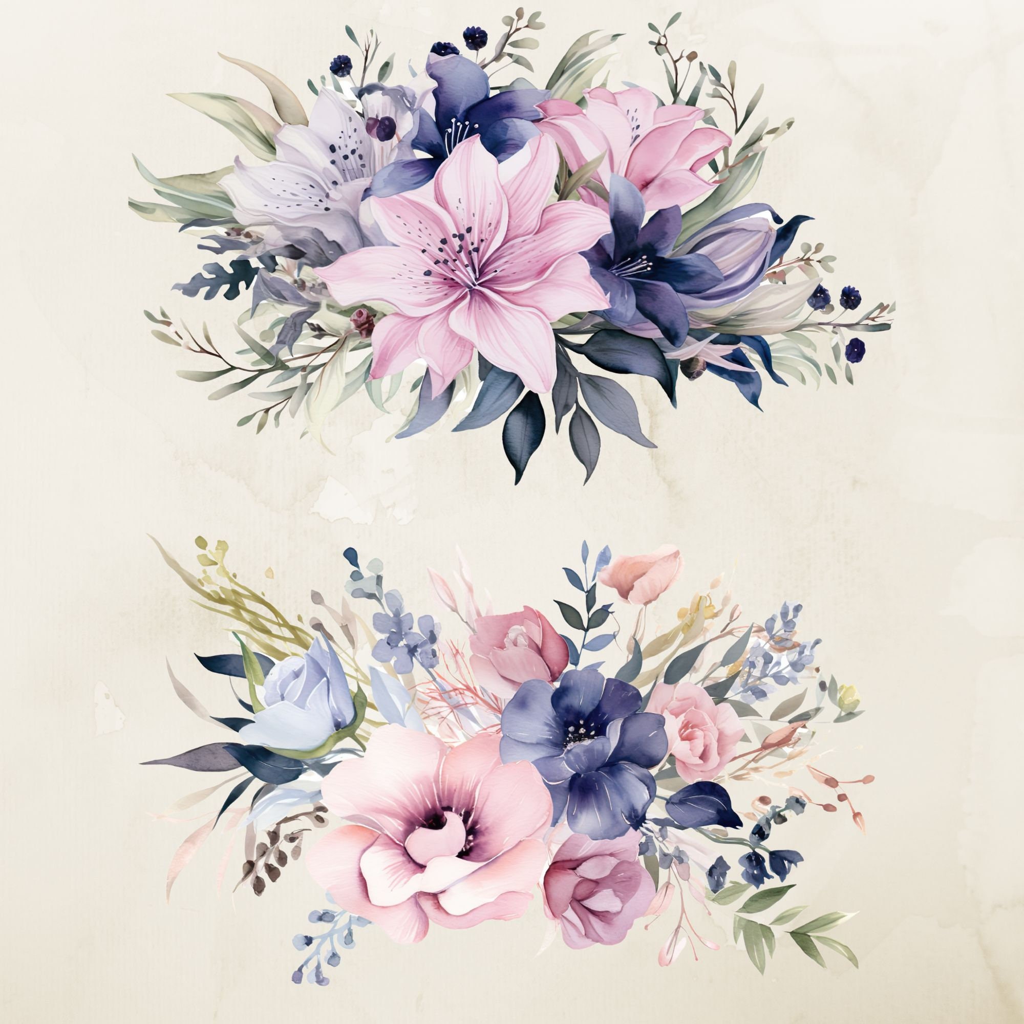 Navy and Pink Floral Watercolor Clipart Pack, Navy and Blush Flower ...
