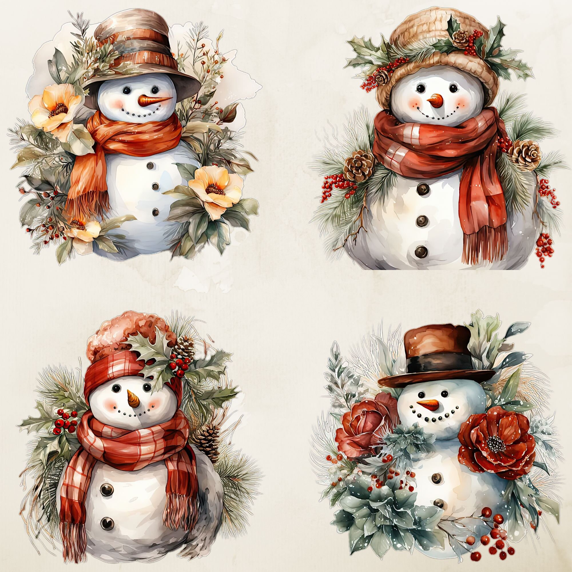 Watercolor Cute Snowmen Png Cliparts, Vintage Snowman, Printable ...