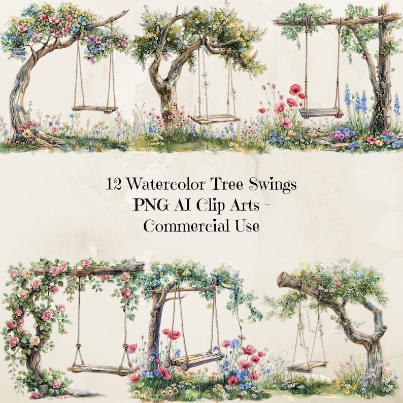 Watercolor Tree Swing Clipart, Floral Swing, Garden Swing Clipart, Tree ...