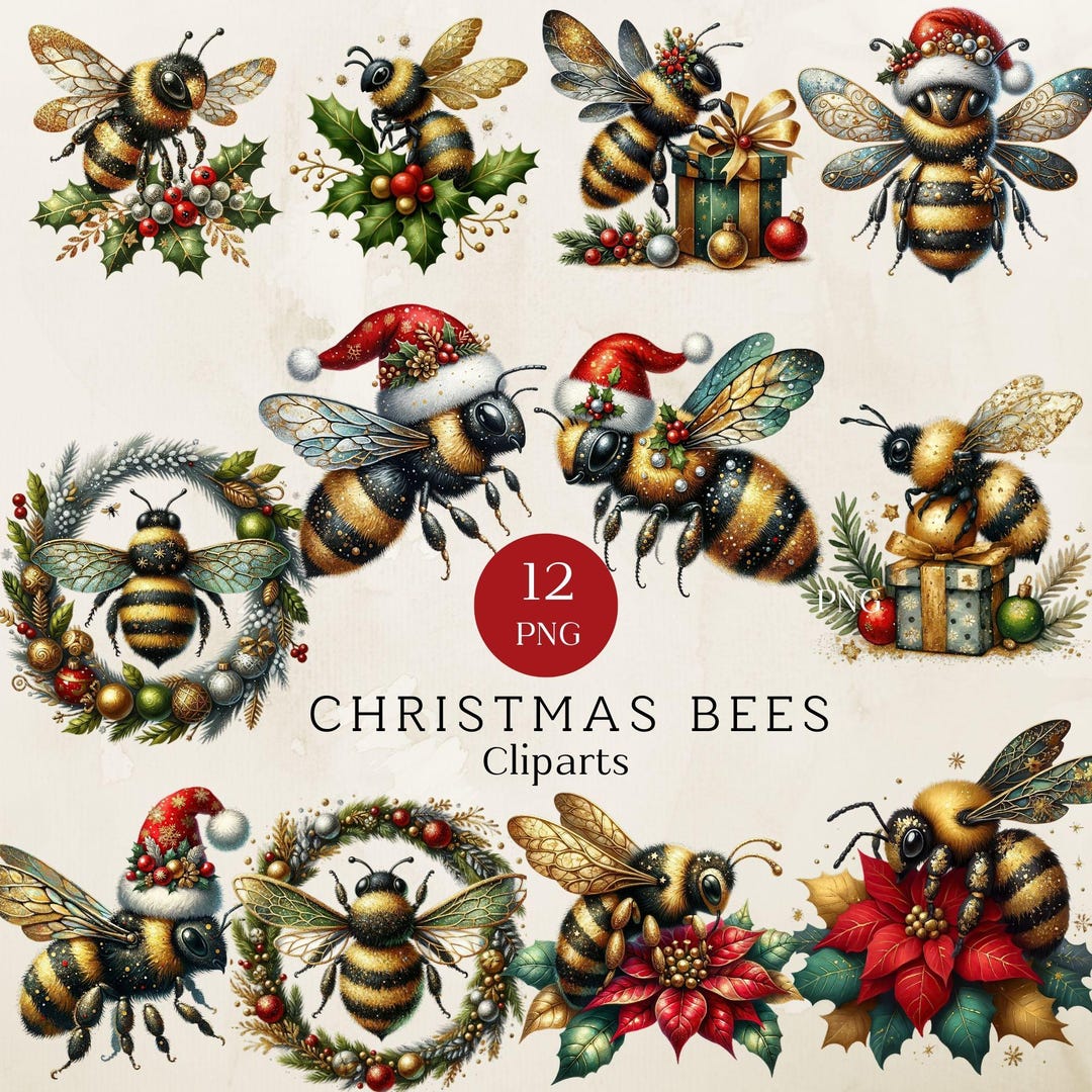 Christmas Bee Clipart, Cute Bee Png Clipart, Digital Bee Clipart, Card ...