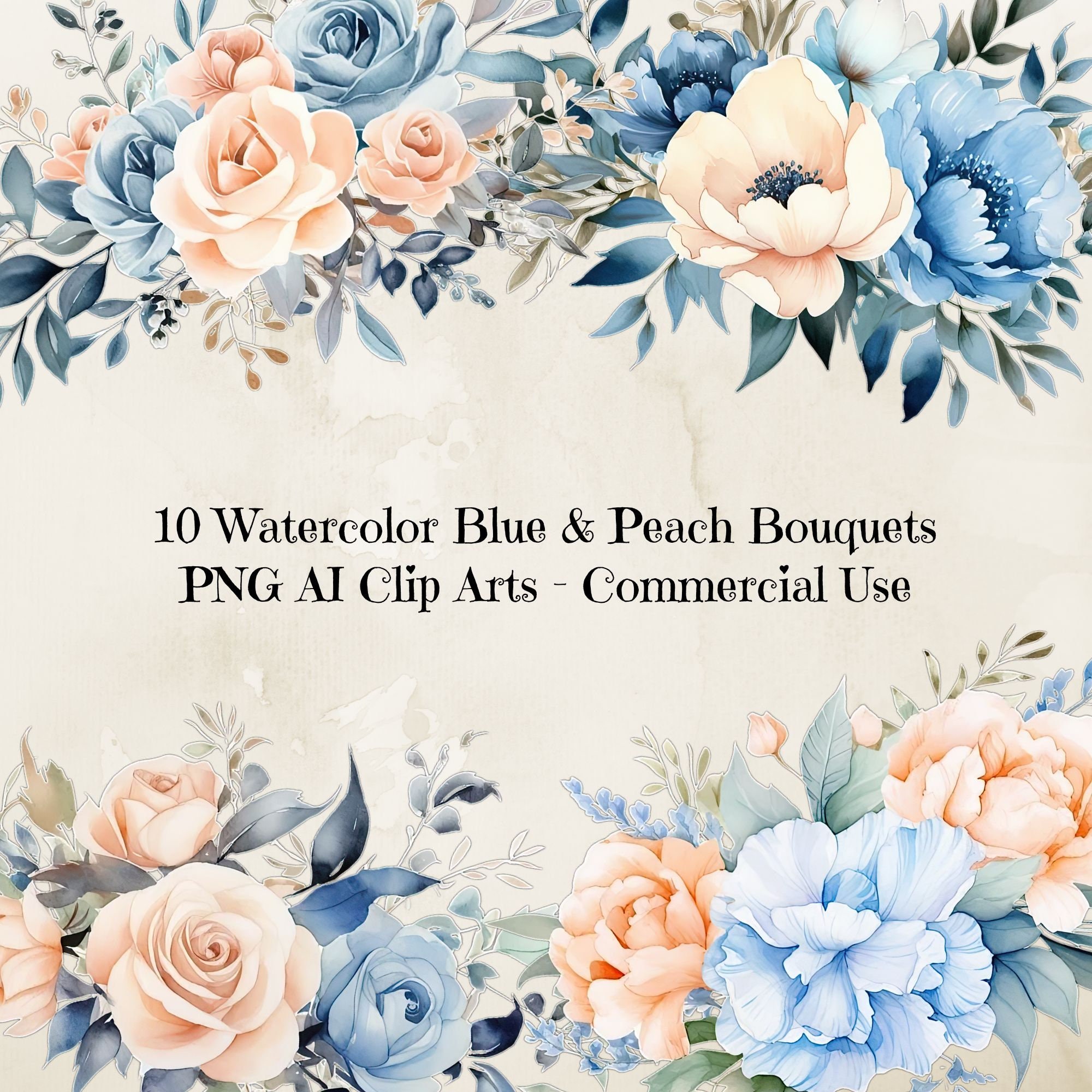 Blue and Peach Floral Bouquet Clipart, Digital Clipart Watercolor ...