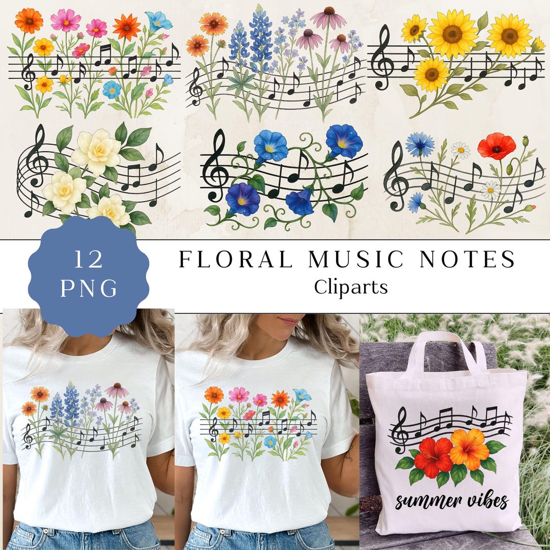 Floral Music Notes Clipart, Watercolor Flower Bundle (digital Download ...