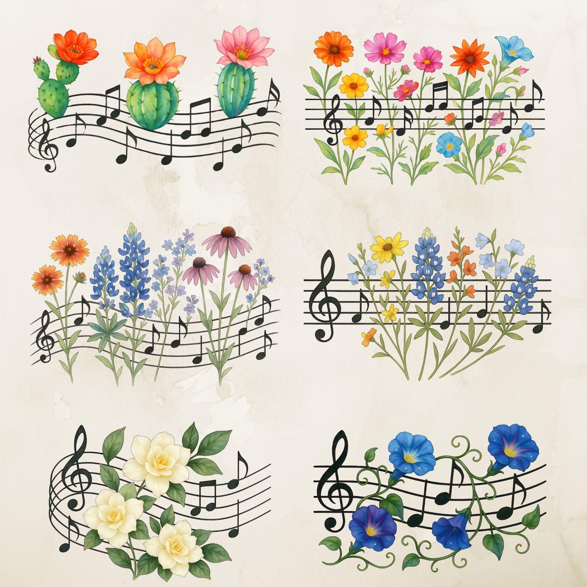 Floral Music Notes Clipart, Watercolor Flower Bundle (digital Download ...