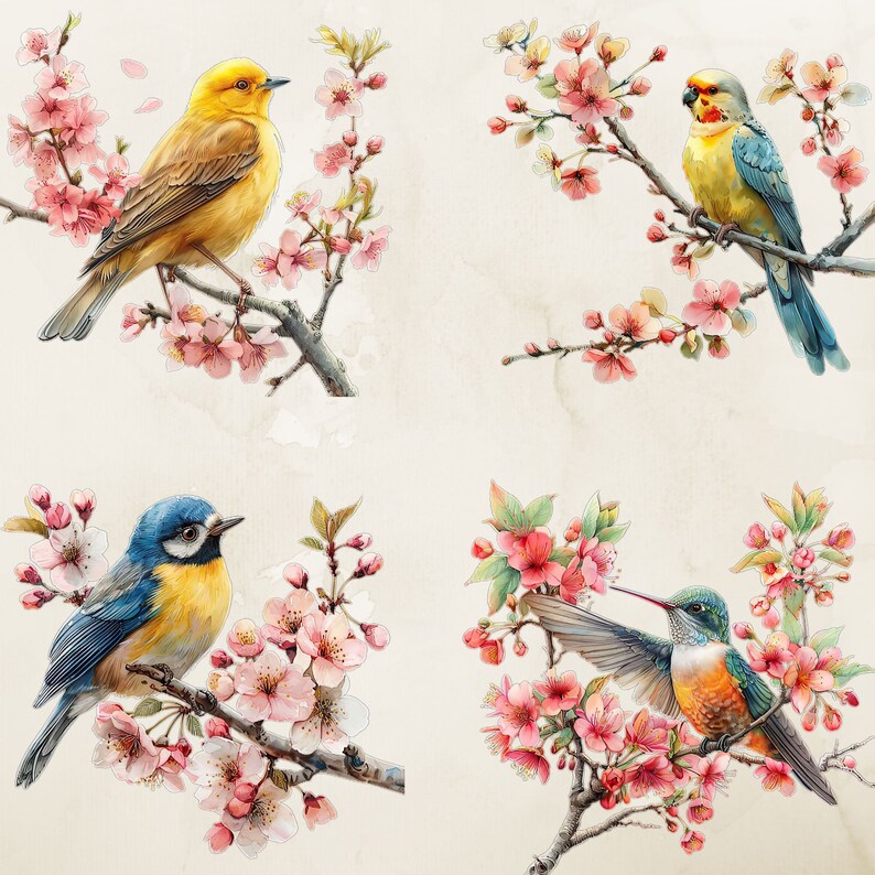 Watercolor Birds and Cherry Blossoms Clipart, Spring Garden Set ...