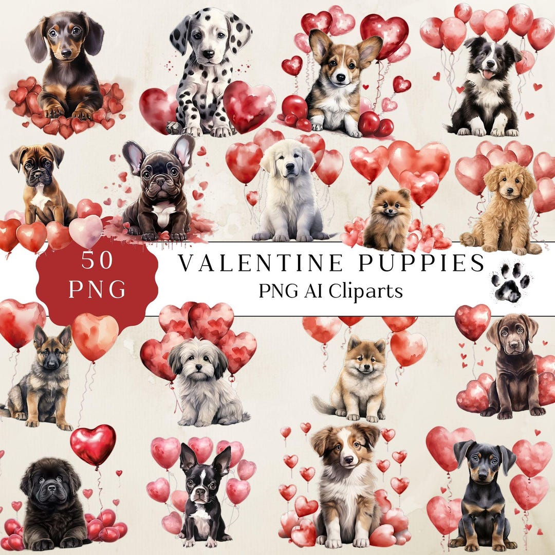 Watercolor Cute Valentines Dog Clipart Bundle, Valentines Day Puppy Png ...