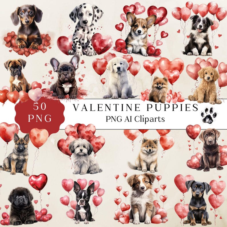 Watercolor Cute Valentines Dog Clipart Bundle, Valentines Day Puppy Png ...
