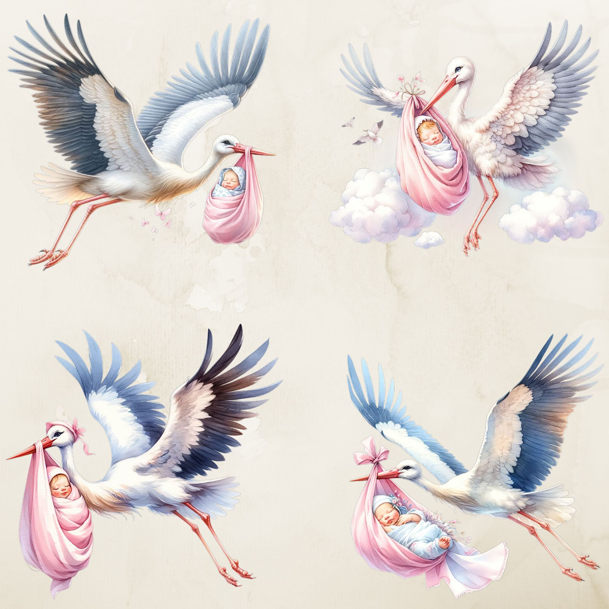 Watercolor Stork Baby Girl Clipart, Nursery Art (PNG, Digital Download ...