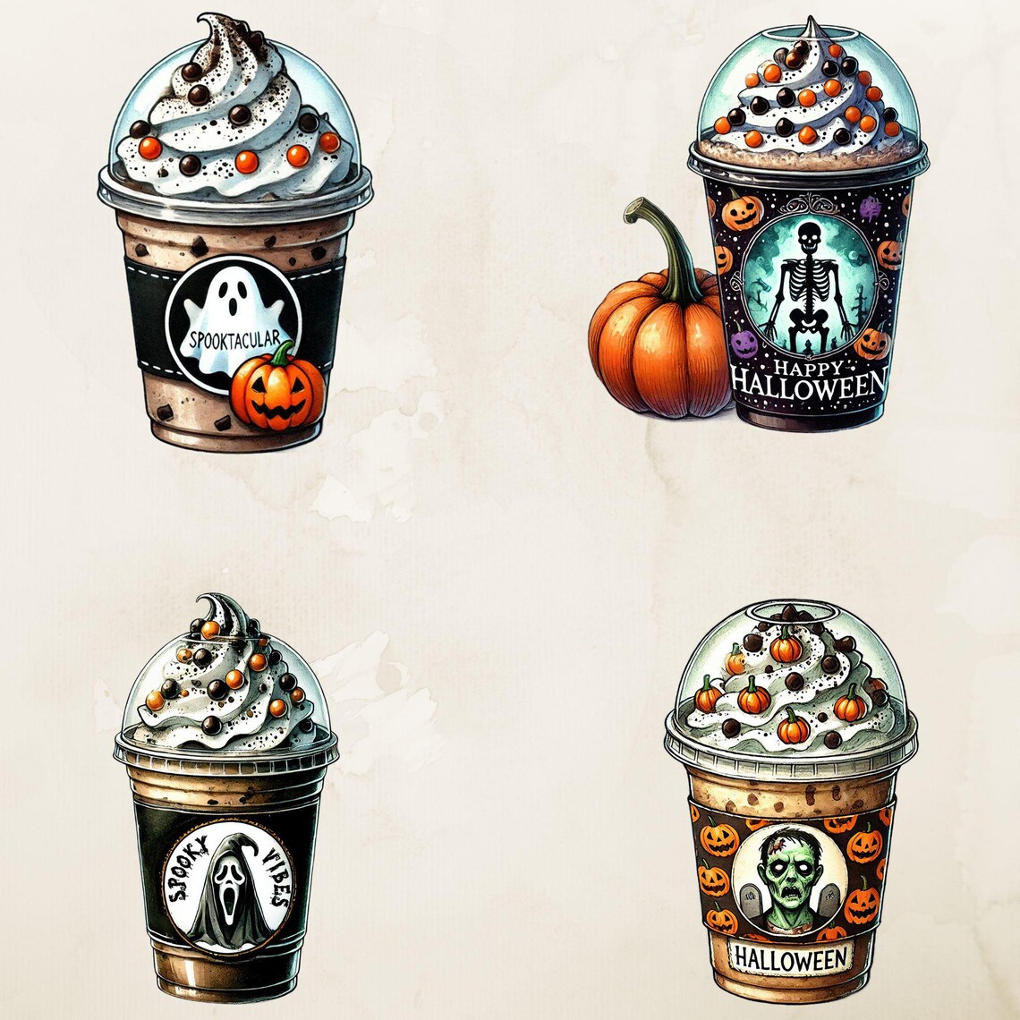 Halloween Coffee Clipart Set, Scary Gothic Watercolor Hot Coffee Drink ...