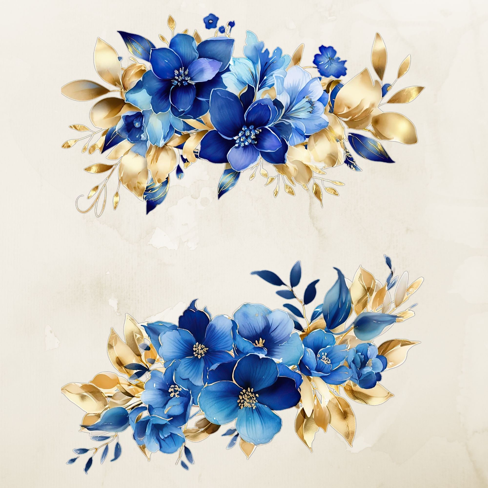 Royal Blue and Gold Floral Clipart, Gold and Blue Flower Clipart, Blue ...