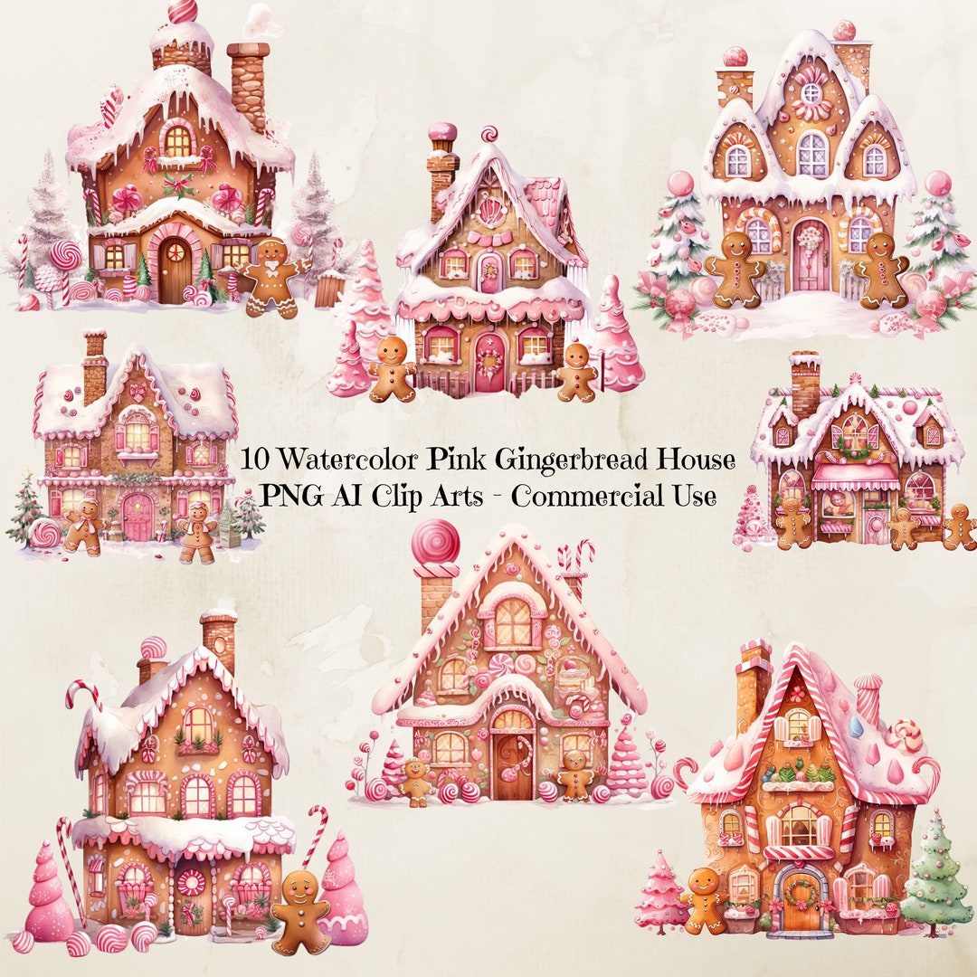 Pink Gingerbread House Clipart, Watercolor Gingerbread House, Pink ...