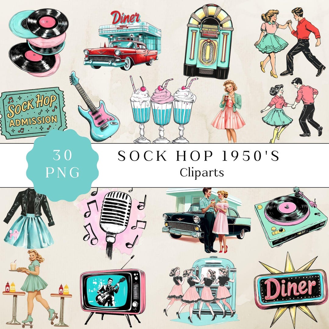 Sock Hop Clipart, Vintage 50s Retro Graphics, 50s Retro Diner Graphics ...