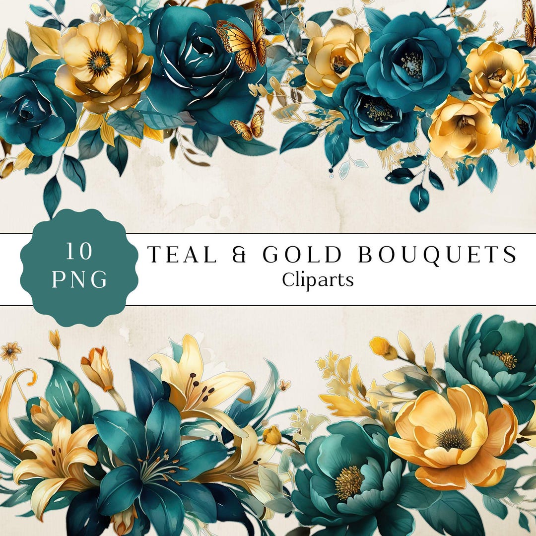Teal and Gold Floral Clipart, Gold Teal Floral, Teal Gold Roses, Gold ...