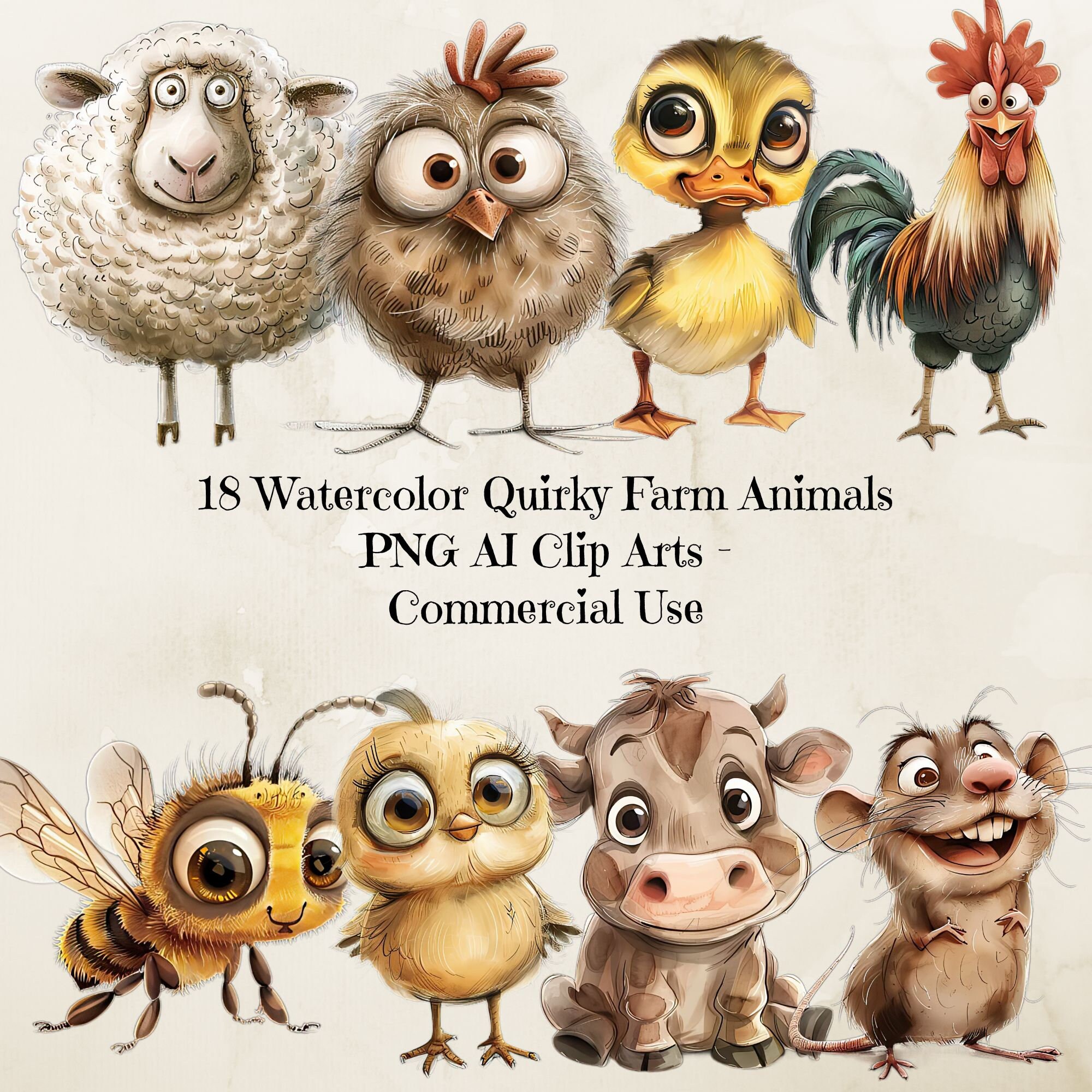 Watercolor Quirky Farm Animals Clipart, Whimsical Farm Animals, Cute ...