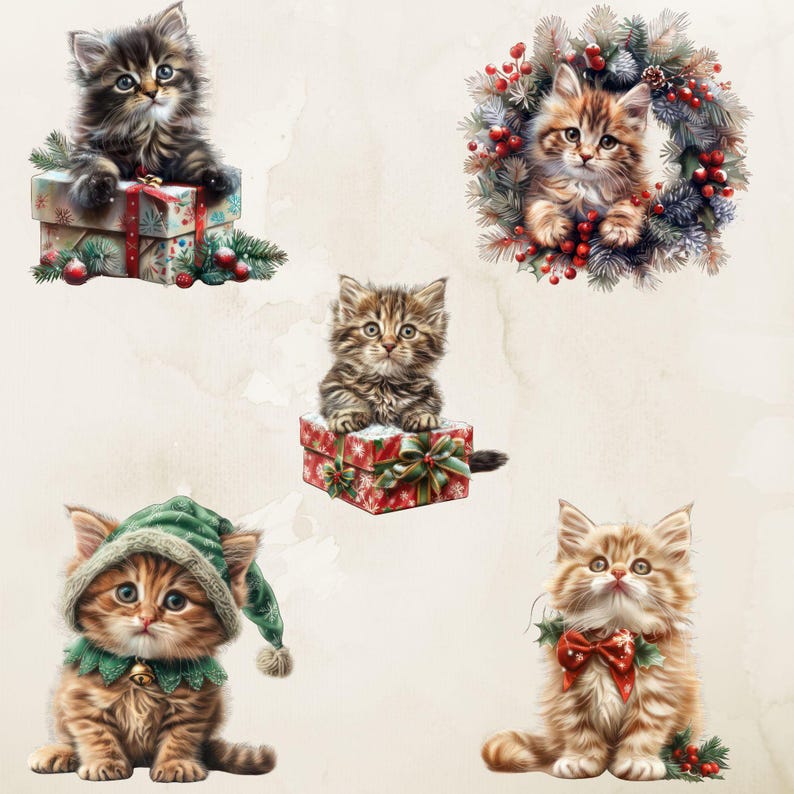 Watercolor Christmas Cat Clipart Bundle, Cute Christmas Cat Clipart ...