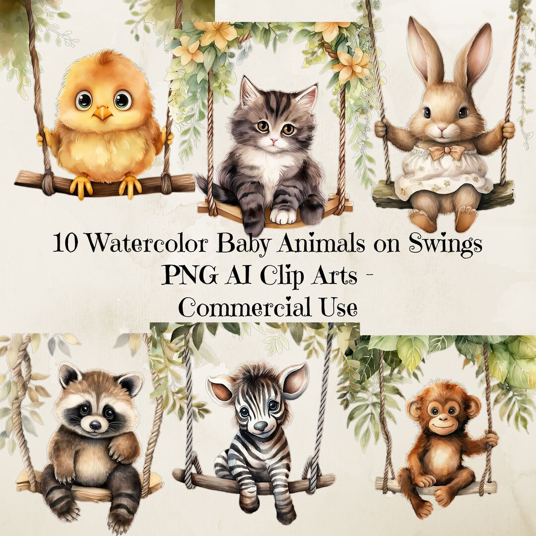 Animals Swing Clipart, Watercolor Baby Animals on Swings Clipart, 10 ...