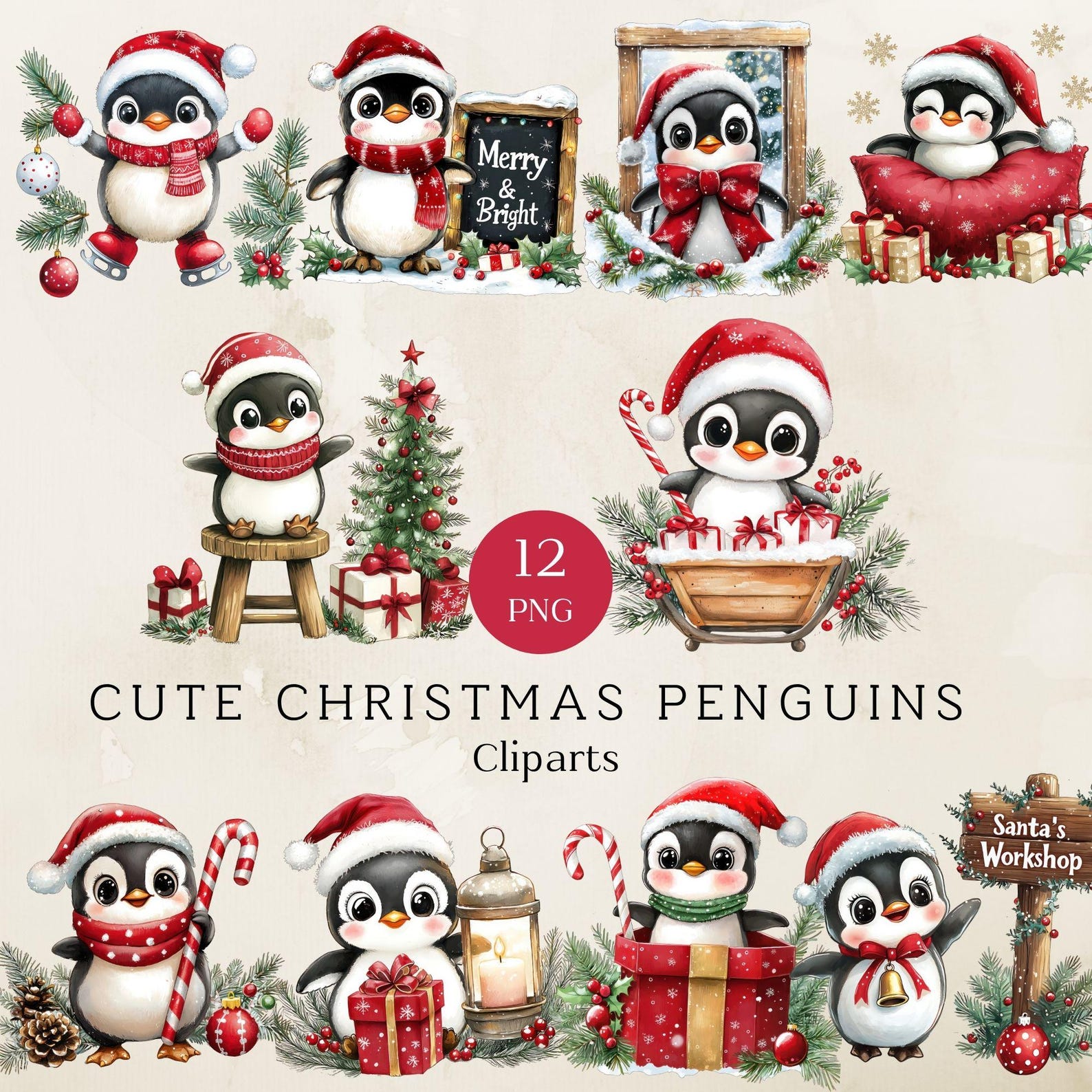 Funny Penguin Christmas Clipart, Cute Holiday Graphics, Unique Holiday ...