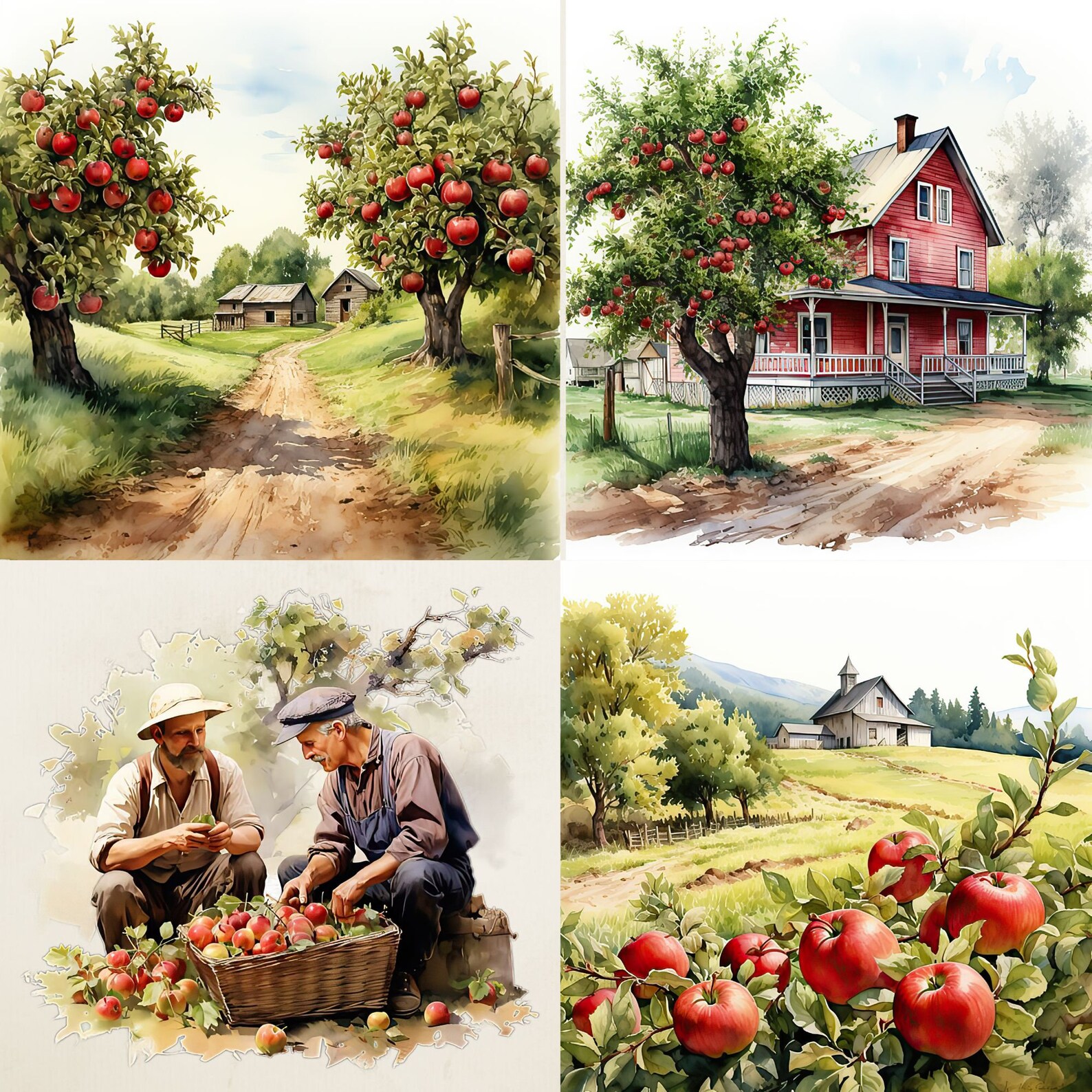 Apple Picking Clipart, Watercolor Apples Clipart, Apple Orchard ...