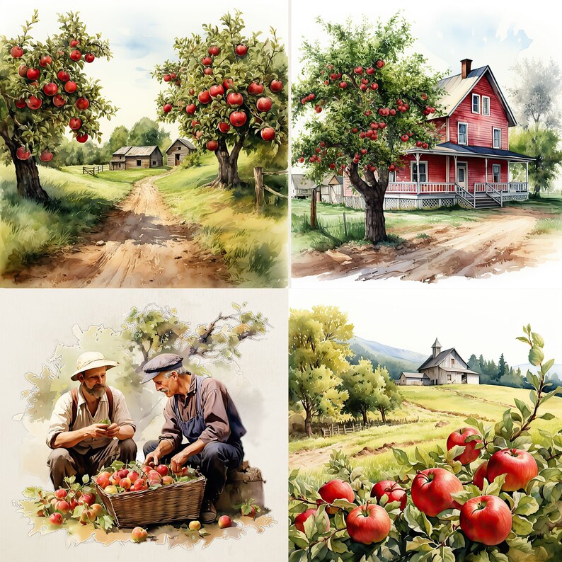 Apple Picking Clipart, Watercolor Apples Clipart, Apple Orchard ...