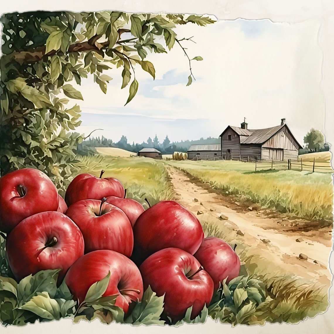 Apple Picking Clipart, Watercolor Apples Clipart, Apple Orchard ...