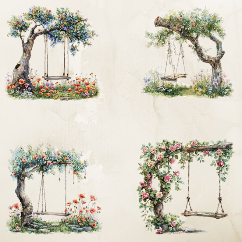 Watercolor Tree Swing Clipart, Floral Swing, Garden Swing Clipart, Tree ...