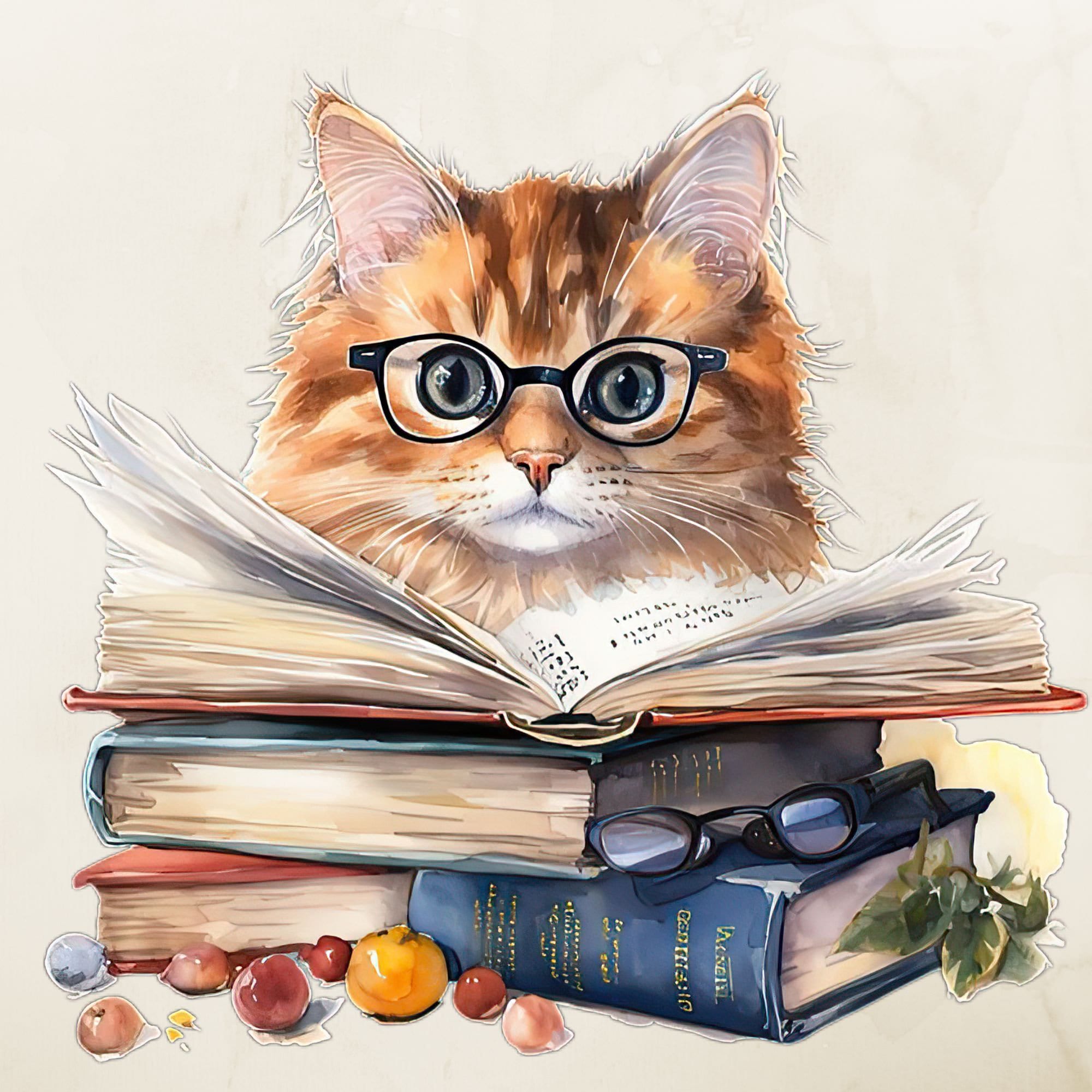 Cat Reading Books Clipart, Watercolor Cats Illustrations, Graphics for ...