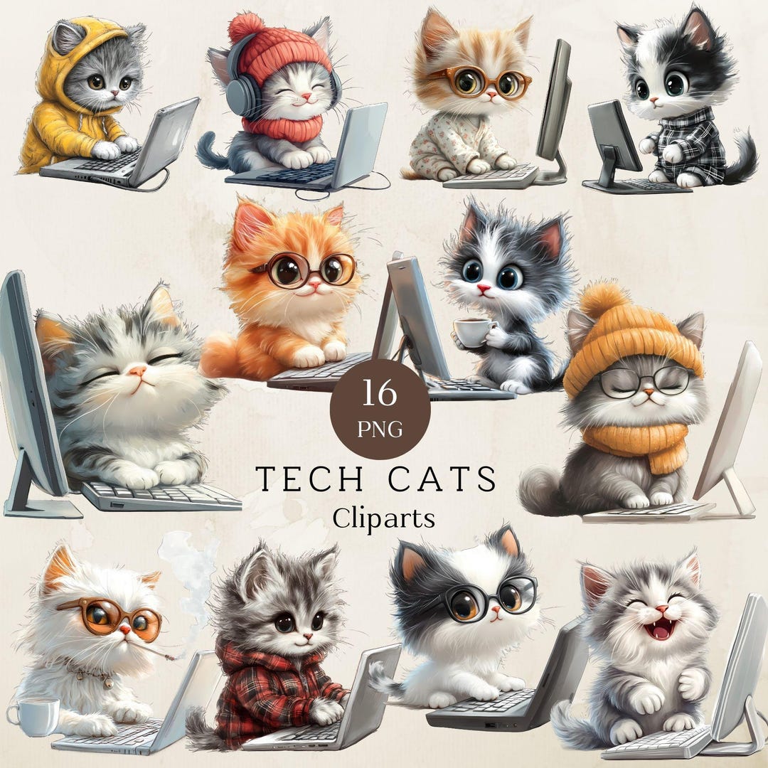 Cat Computer Clipart, Geeky Cat Art, Digital Download, Cute Kitten PNG ...