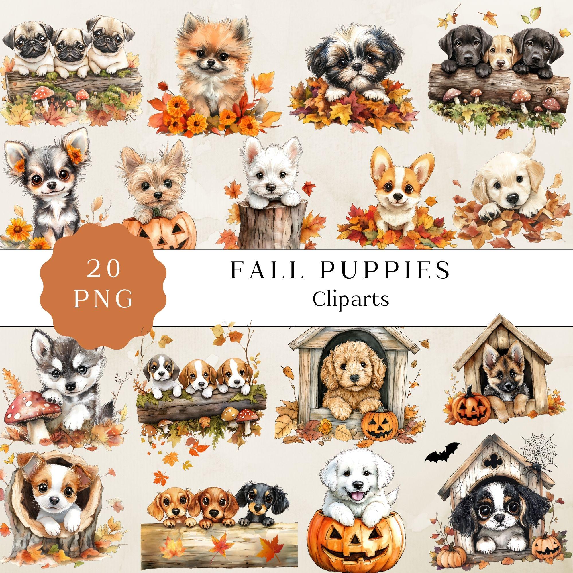 Fall Puppy Watercolor Clipart, Autumn Dog PNG Graphics (digital ...
