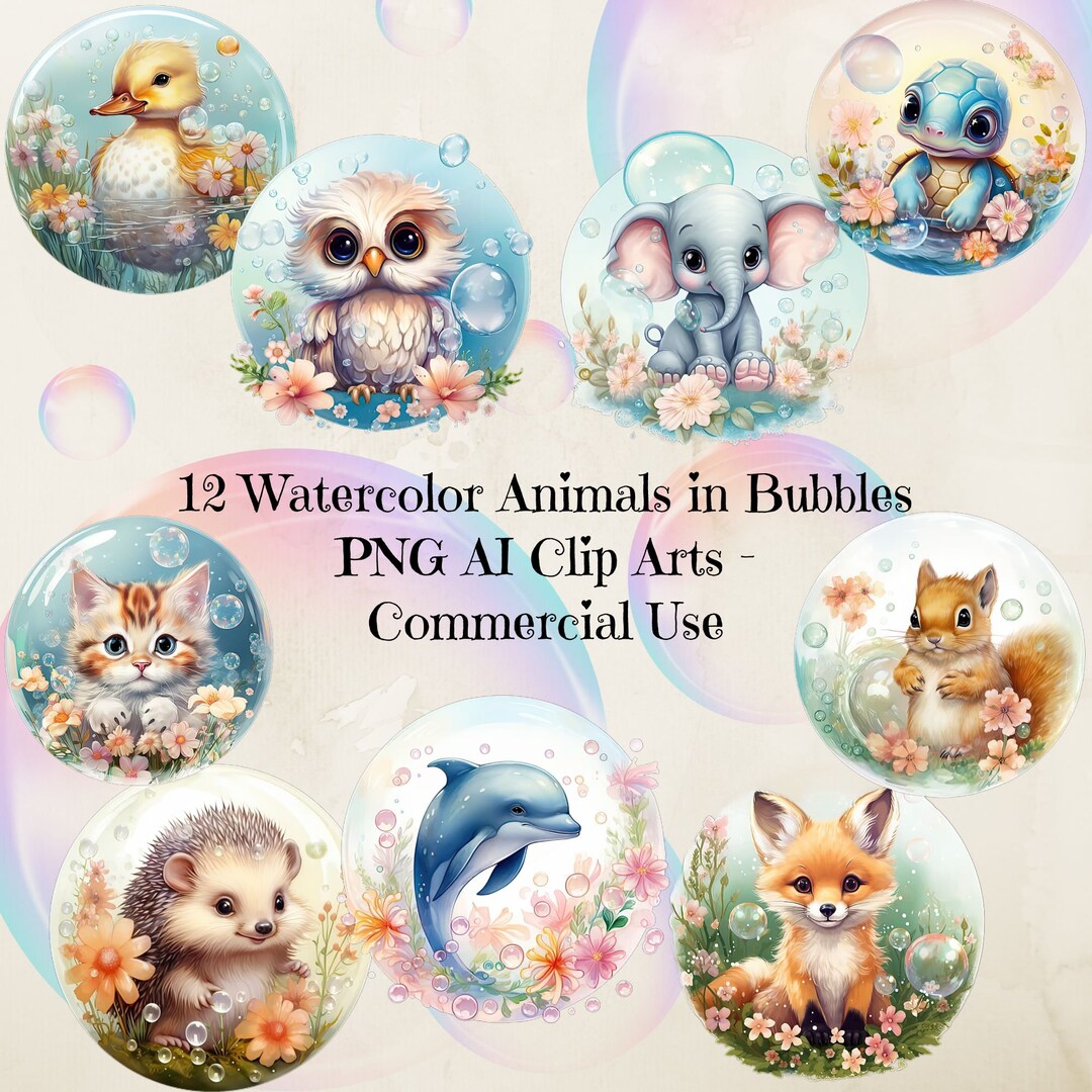 Watercolor Baby Animals in Bubbles Clipart, Animals Clipart ...