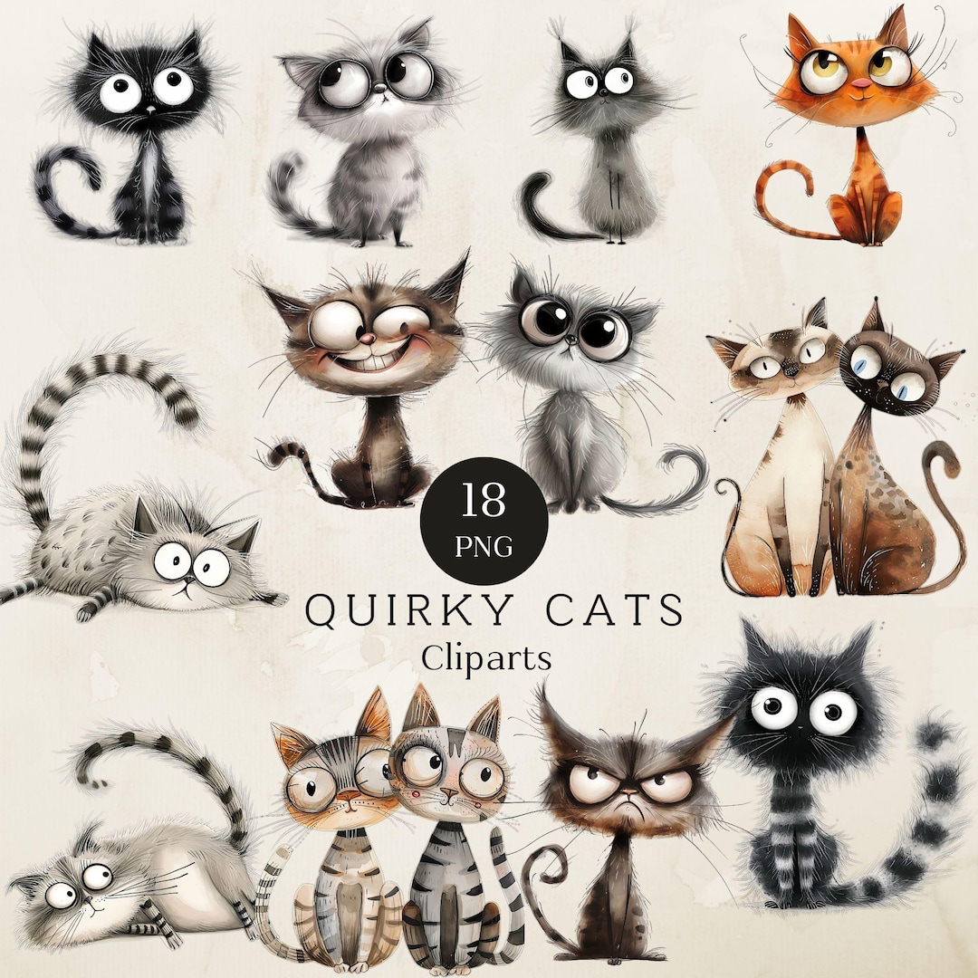 Quirky Cats Clipart, Cat Illustrative Clipart, Whimsical Cat, Quirky ...