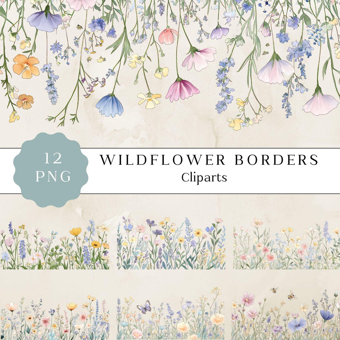 Pastel Wildflower Clipart Borders, Floral Borders PNG, Watercolor ...