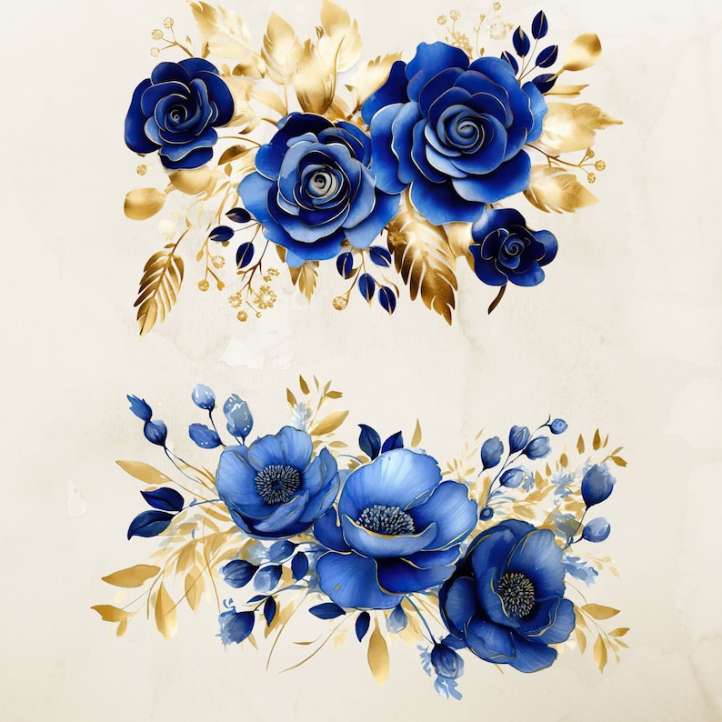 Royal Blue and Gold Floral Clipart Gold and Blue Flower - Etsy