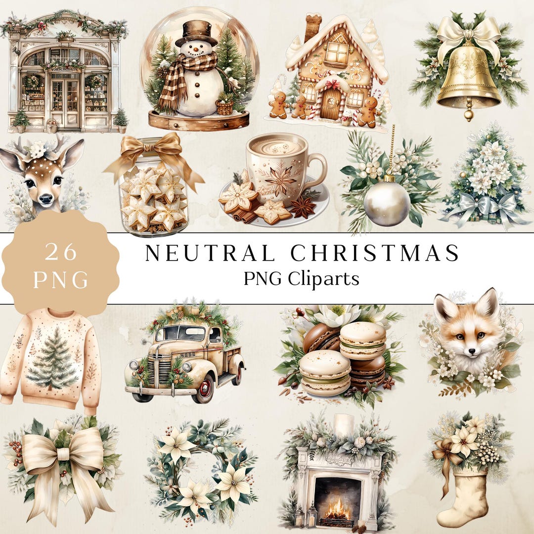 Neutral Christmas Clipart Pack PNG, Watercolor Holiday Graphics, Card ...
