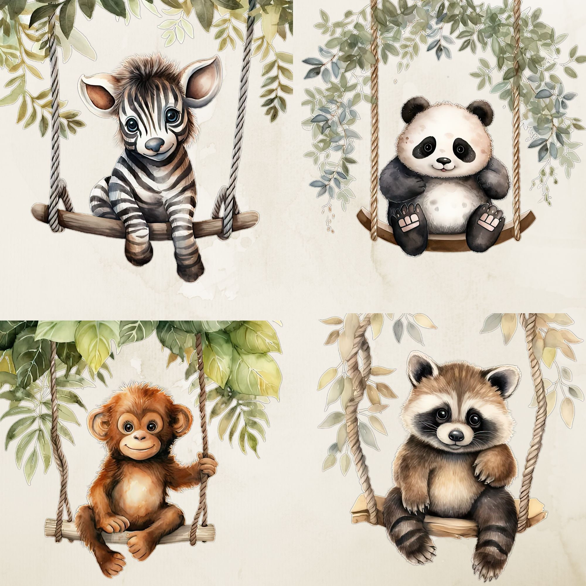 Animals Swing Clipart, Watercolor Baby Animals on Swings Clipart, 10 ...
