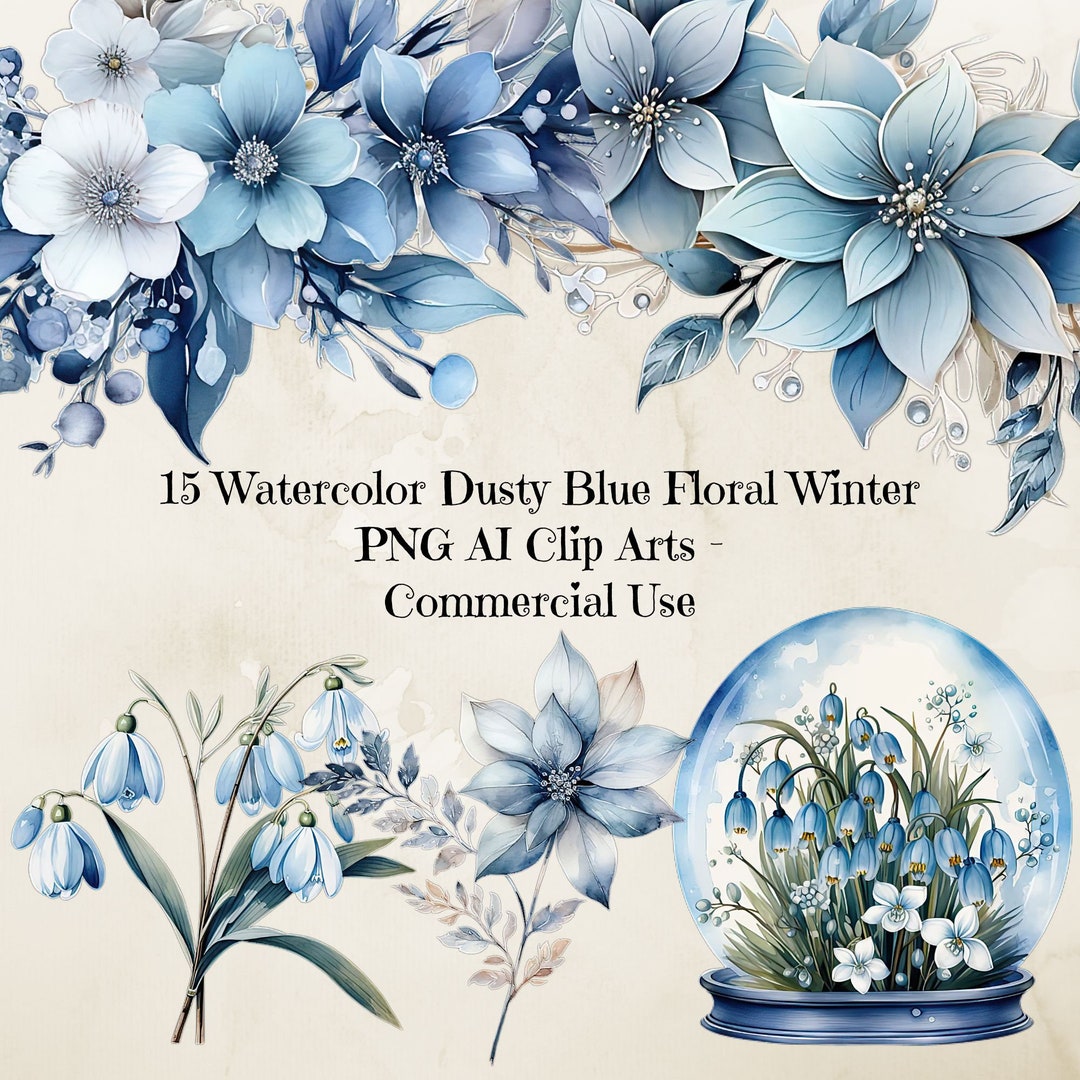 Watercolor Floral Winter Clipart Dusty Blue, Dusty Blue Floral Border ...