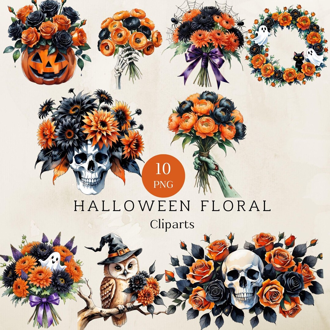 Watercolor Halloween Floral Clipart, Halloween Clipart PNG, Digital ...