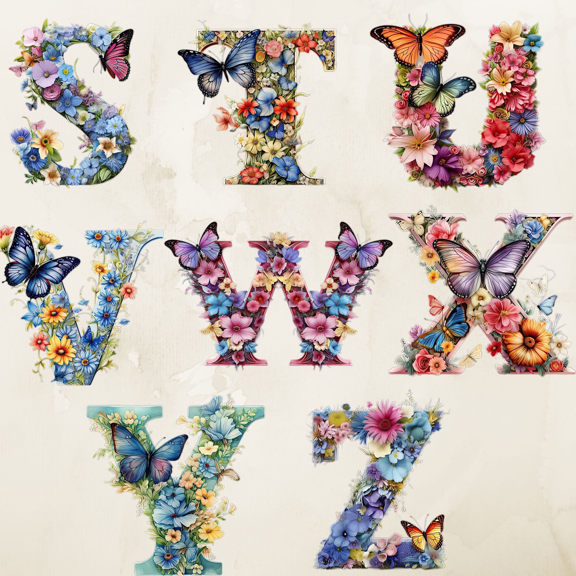 Butterfly Alphabet Cliparts, Botanical Alphabet, Floral Letters Clipart ...