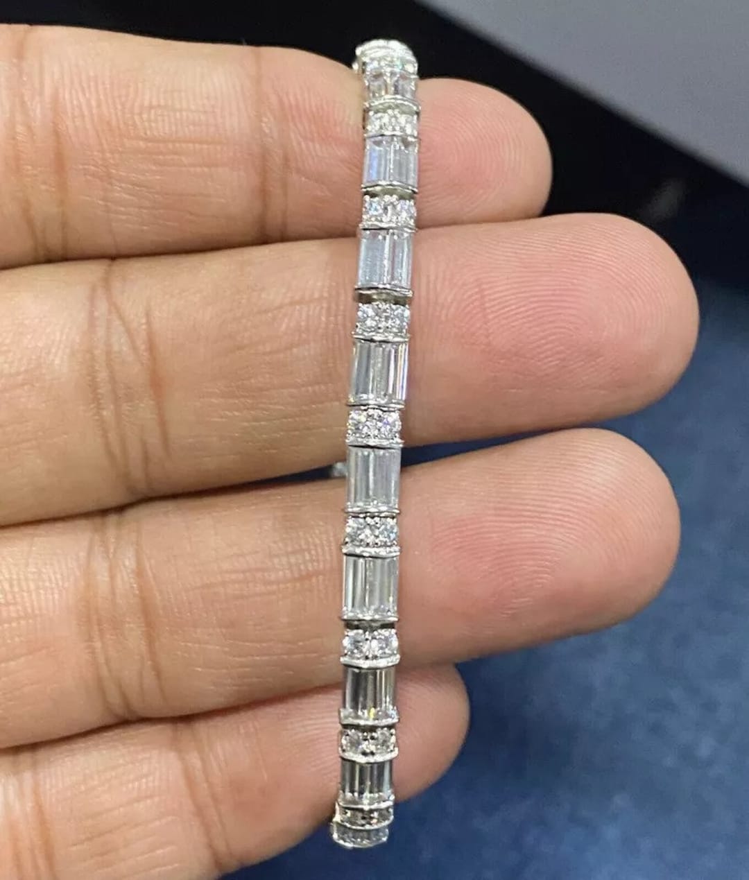 Baguette and Round Tennis Diamond Bracelet 8.55CT Lab Created Moissanite Silver Women Diamond ...