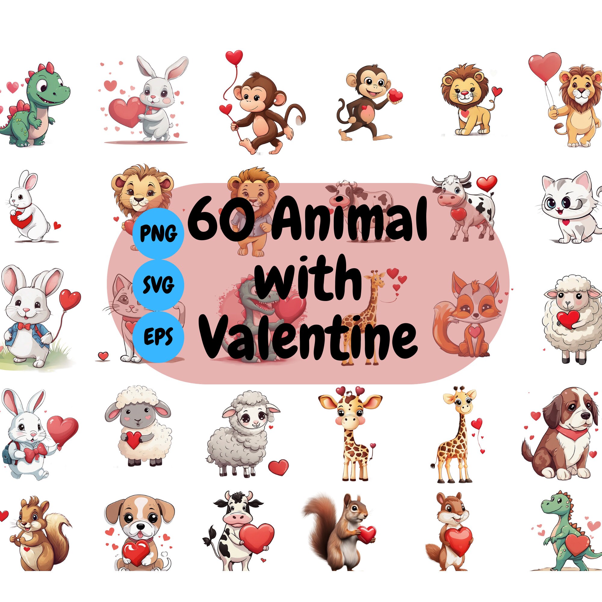 60 Animals With Valentine Cartoon Bundle Bundle SVG for Cut - Etsy