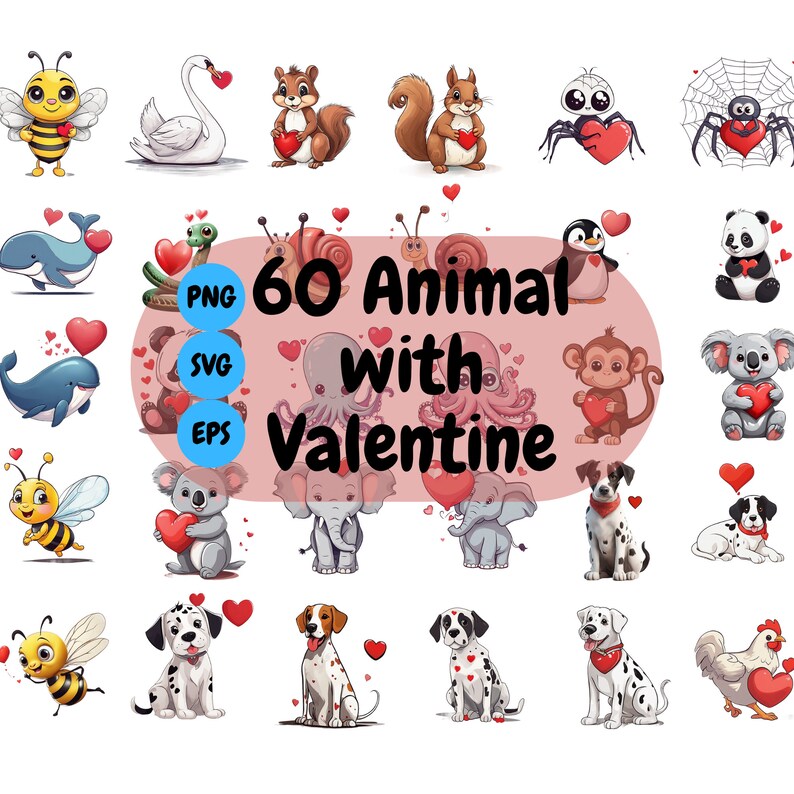 60 Animals With Valentine Cartoon Bundle Bundle SVG for Cut - Etsy
